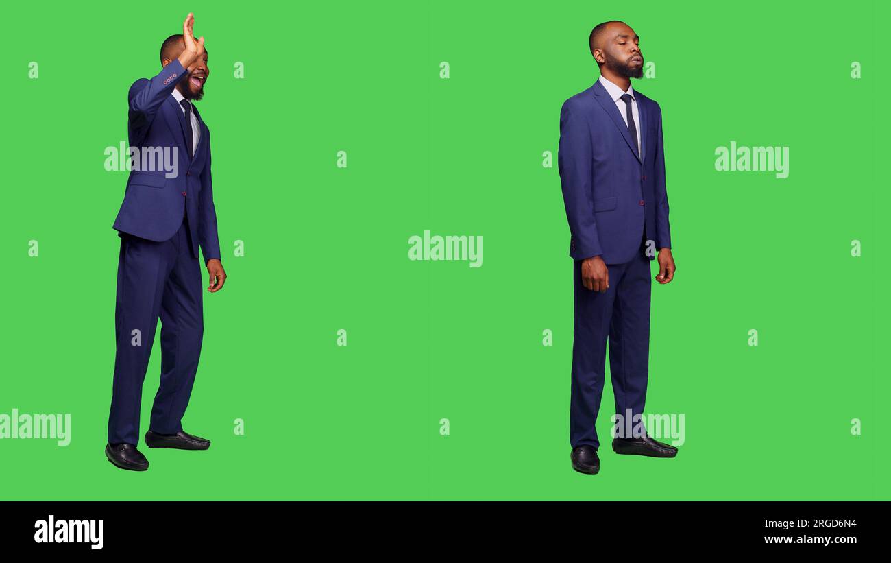 Businessman in suit greeting people and waving, saying hello or goodbye ...