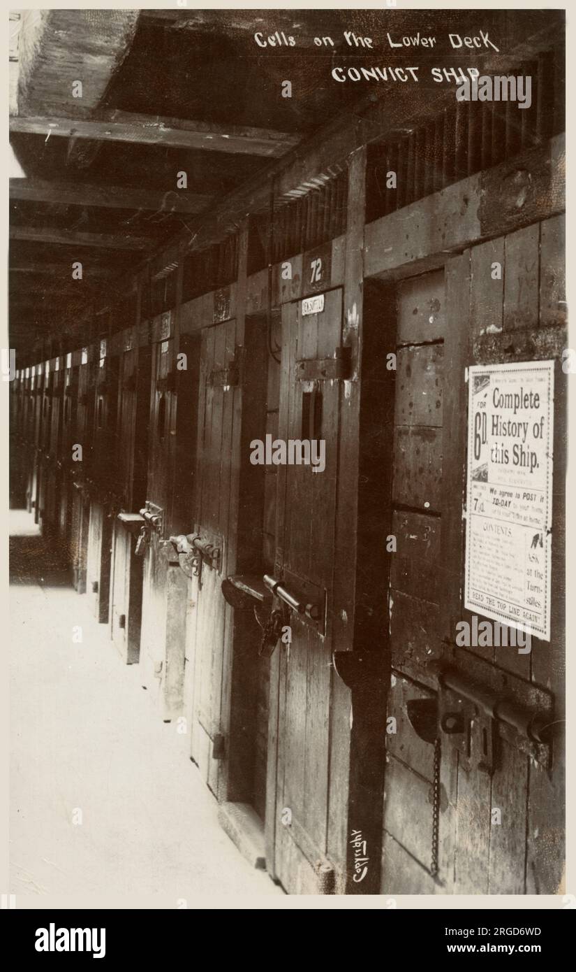 Cells on the lower deck of a convict ship which transported prisoners ...