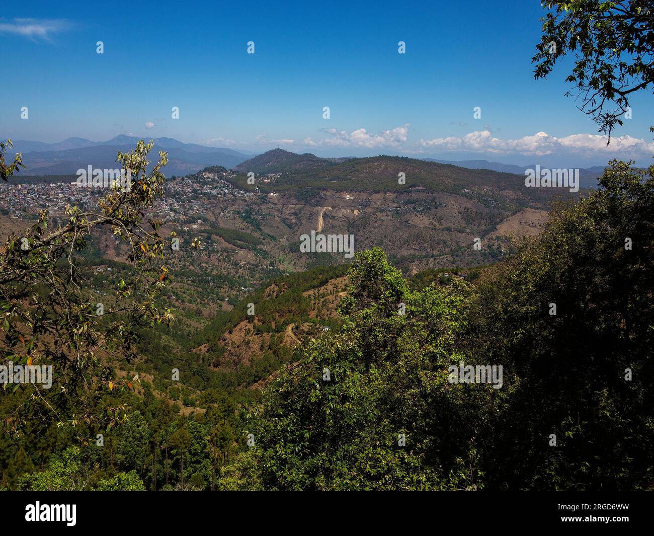 Almora town on the Kumaon Hills on the distance, Uttarakhand, India ...