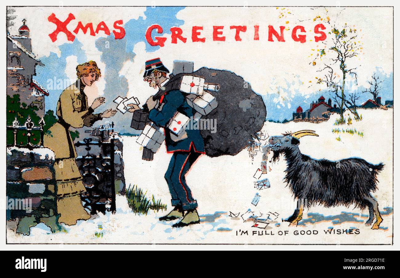 A postman delivering the Christmas mail, unaware that his bulging mail ...