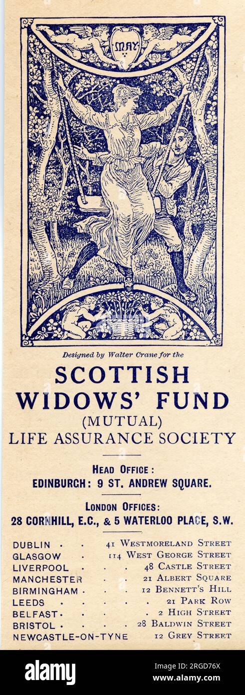 Advertising bookmark, May, designed by Walter Crane for Scottish Widows ...