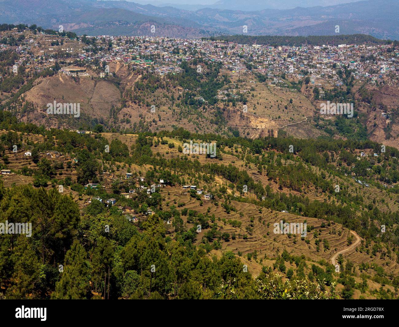 Almora town on the Kumaon Hills on the distance, Uttarakhand, India ...