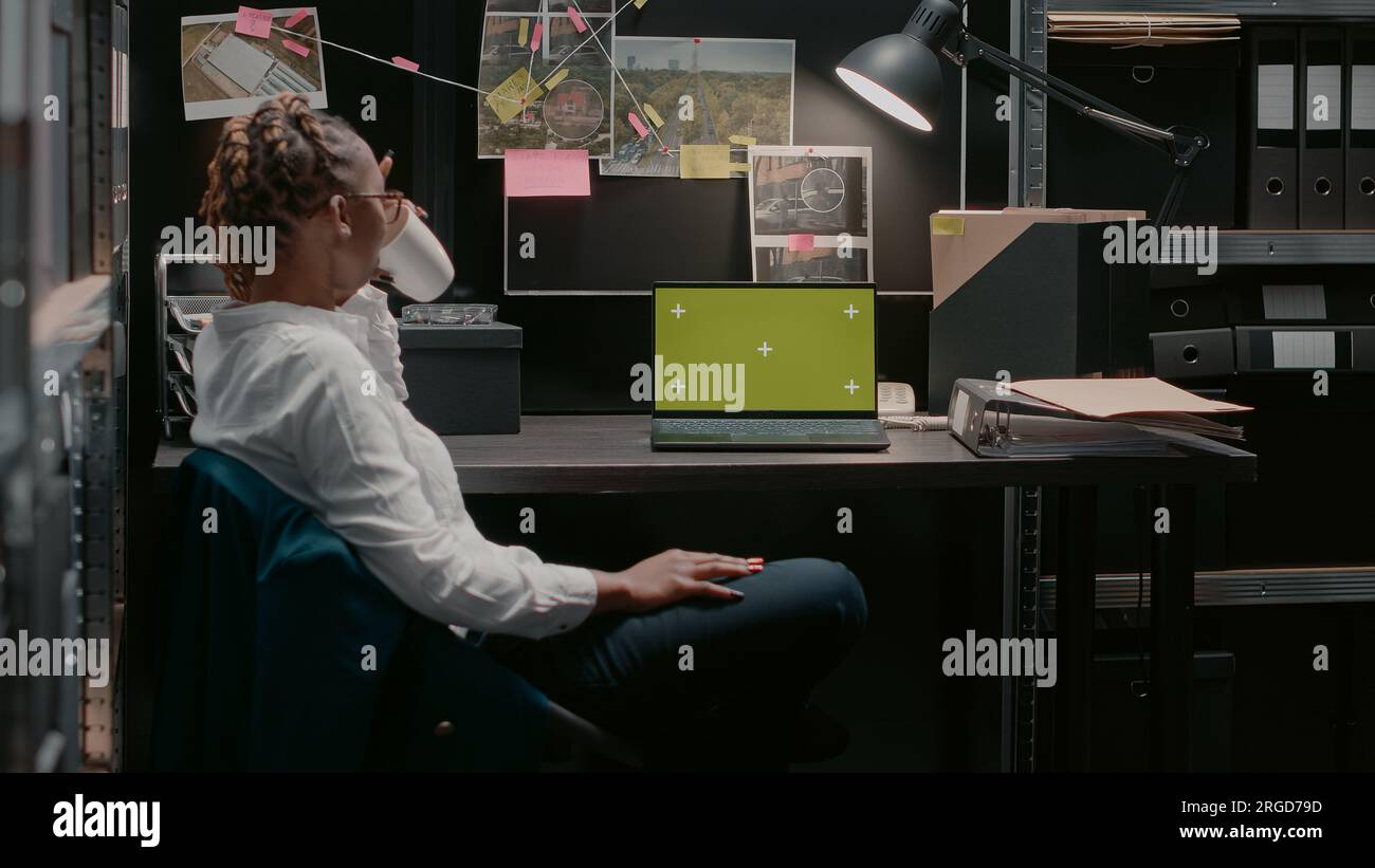 Professional inspector using laptop with greenscreen, analyzing chroma ...