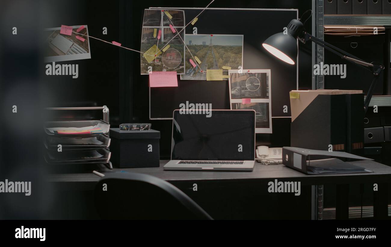 Criminal evidence board in investigation office, map filled with ...