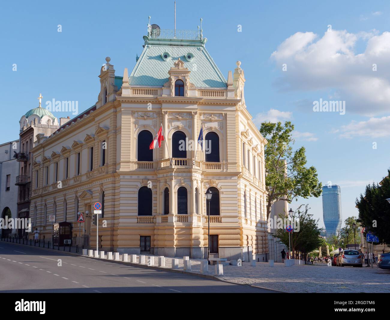 Road junction in the city of Belgrade with historic building in the ...