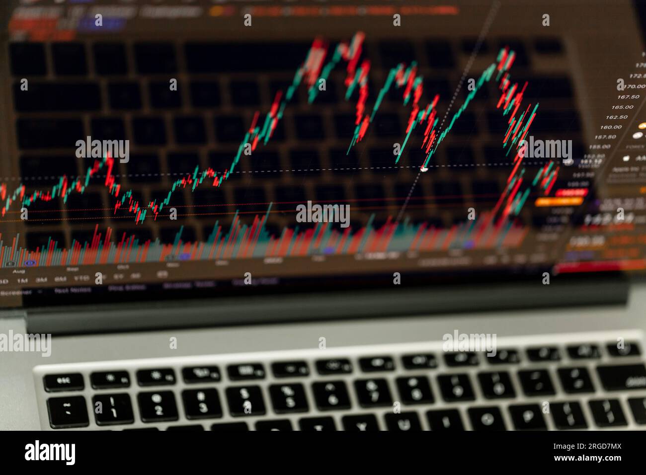 Stock market, trend line in a candlestick form. Closeup of a trading ...
