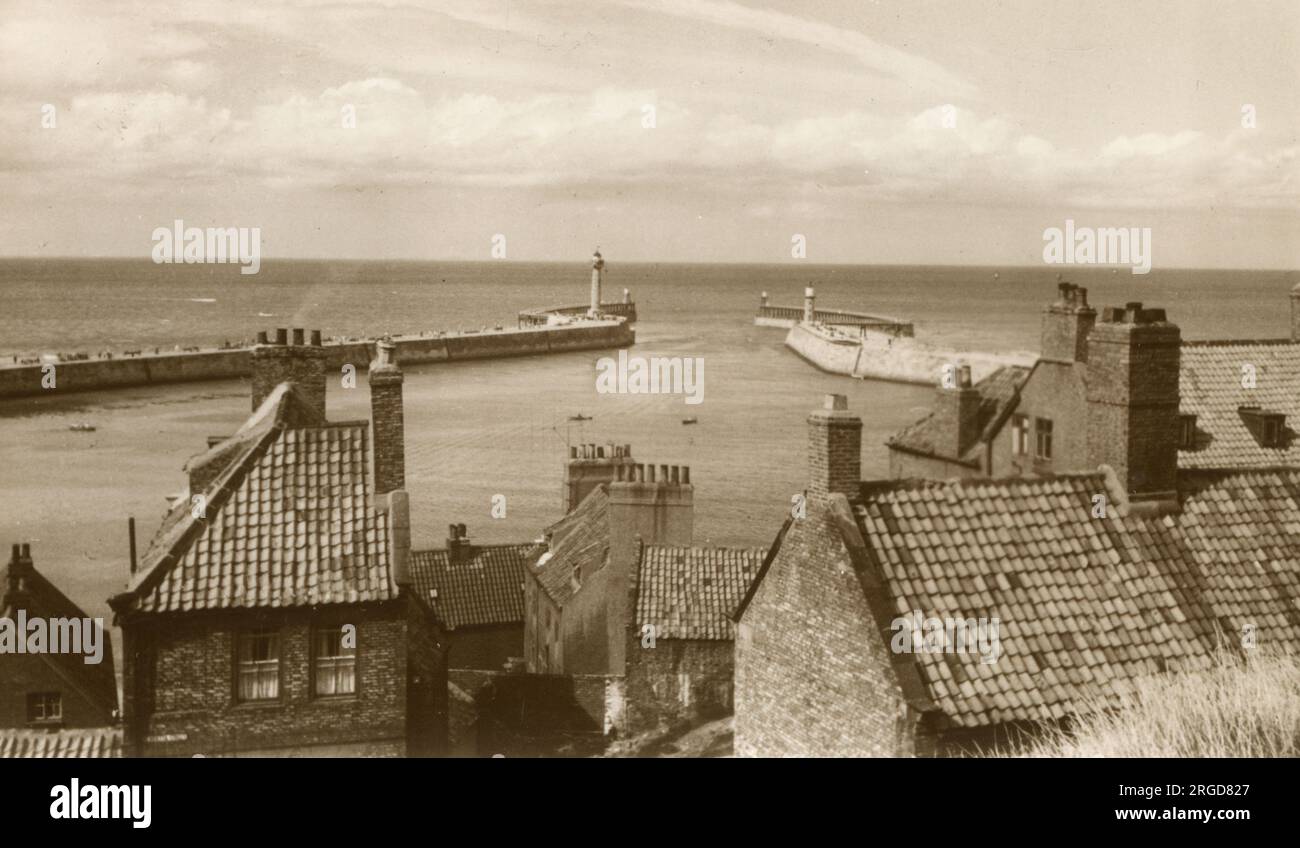 Harbour entrance and piers from Church Steps, Whitby, Yorkshire Stock ...