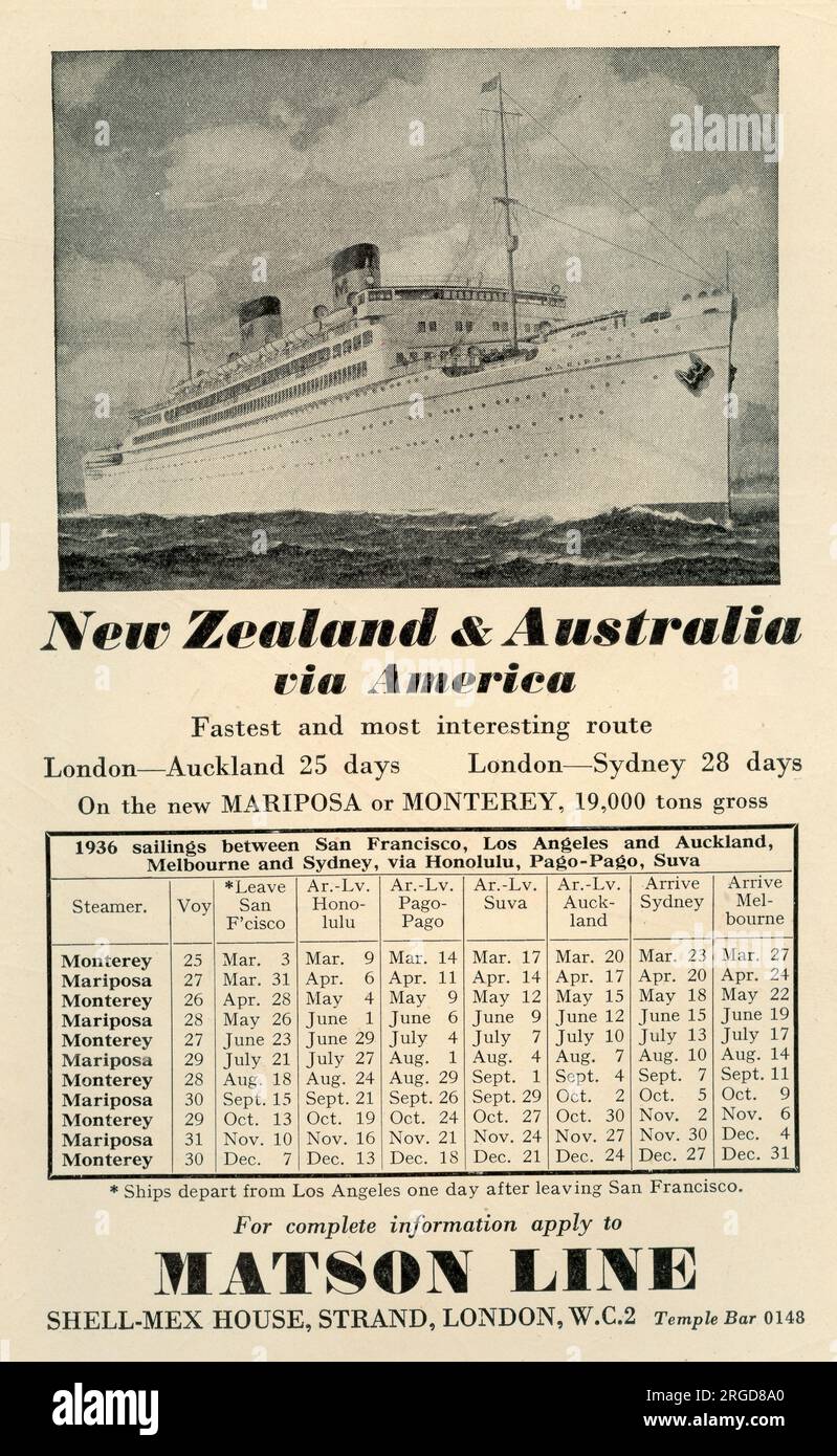 New Zealand and Australia, Steam Ship sailings, Matson Line, advert ...