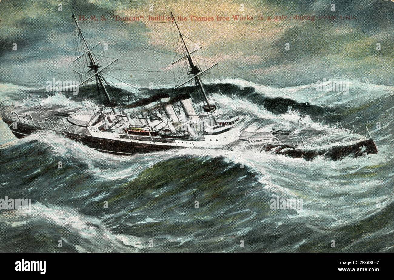 Steam Ship HMS Duncan, built by the Thames Iron Works, in a gale ...