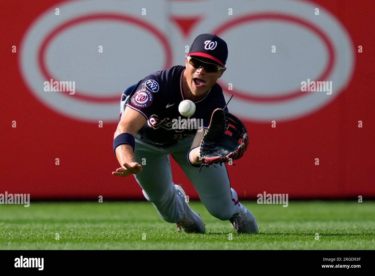 Washington Nationals center fielder Alex Call catches a line out by ...