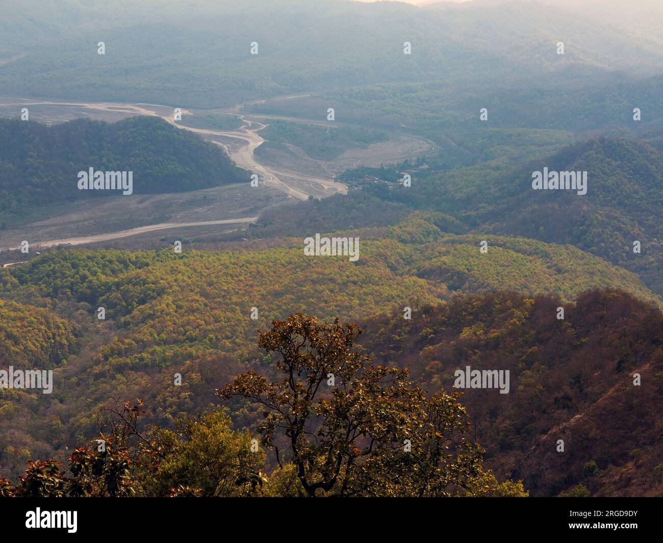 Forested valleys near Corbett National Park, with Ramganga river in the ...