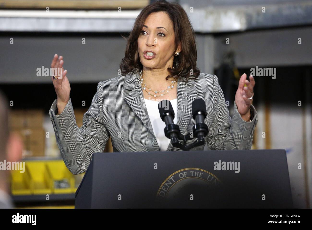PHILADELPHIA, PA: AUGUST 8: Vice President Kamal Harris giving remarks ...