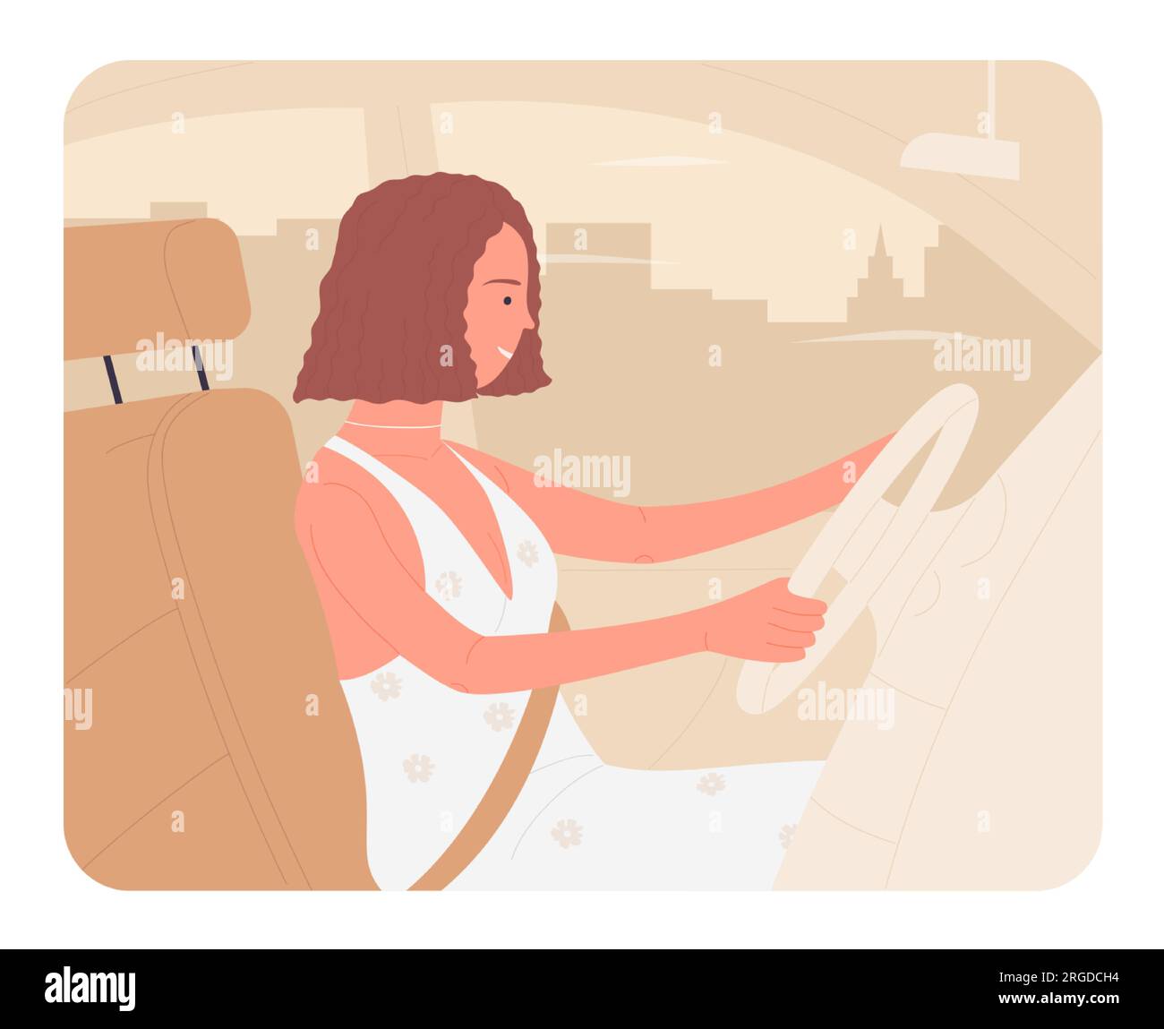 Young woman driving in her car. Personal transportation auto vector ...