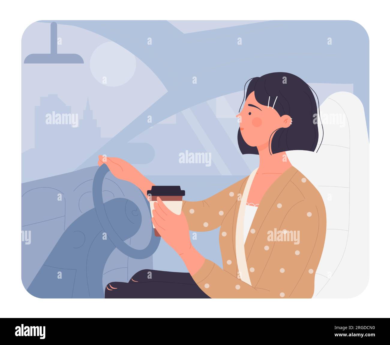 Woman driving car and drinking coffee. Travelling girl with personal auto vector illustration ...