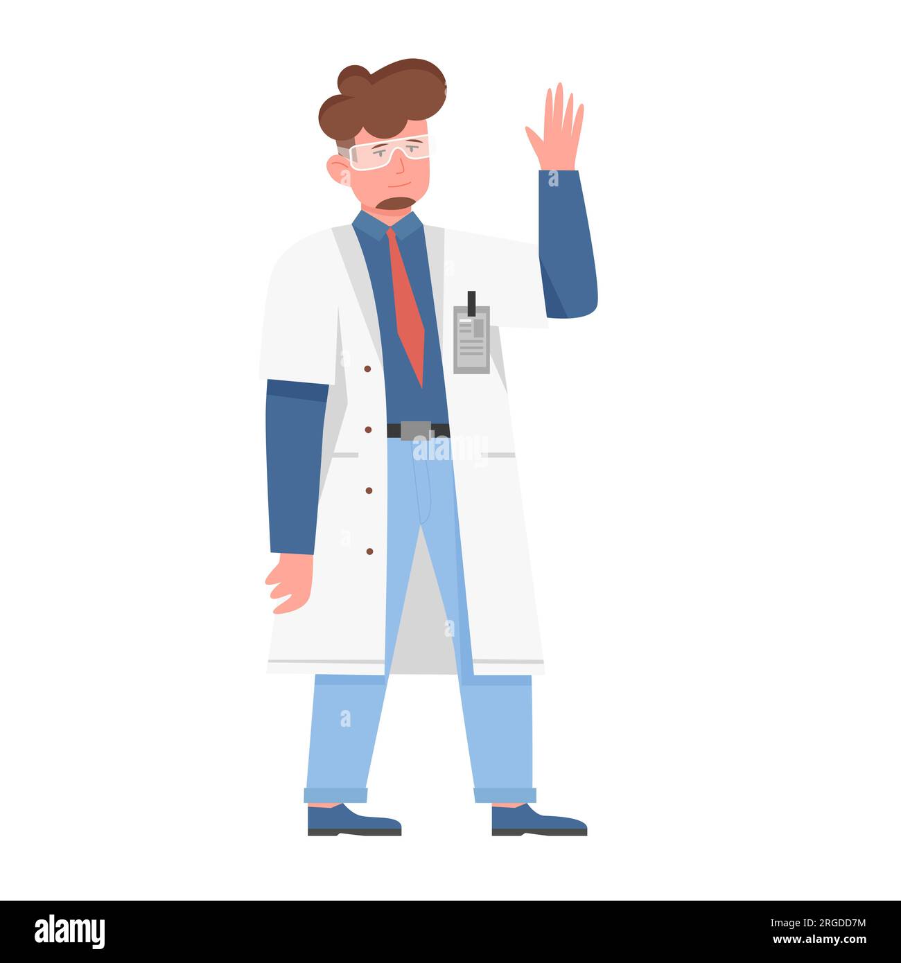 Smiling scientist man waving. Science research shows hello gesture ... Smiling scientist man waving. Science research shows hello gesture ...