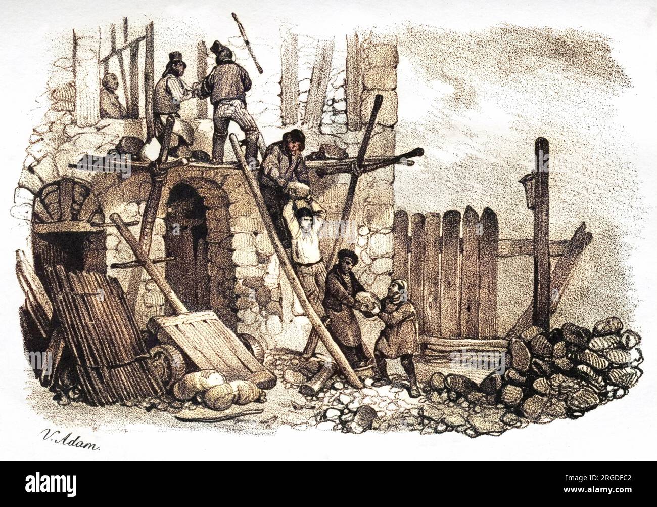 French stonemasons at work on a building site Stock Photo - Alamy