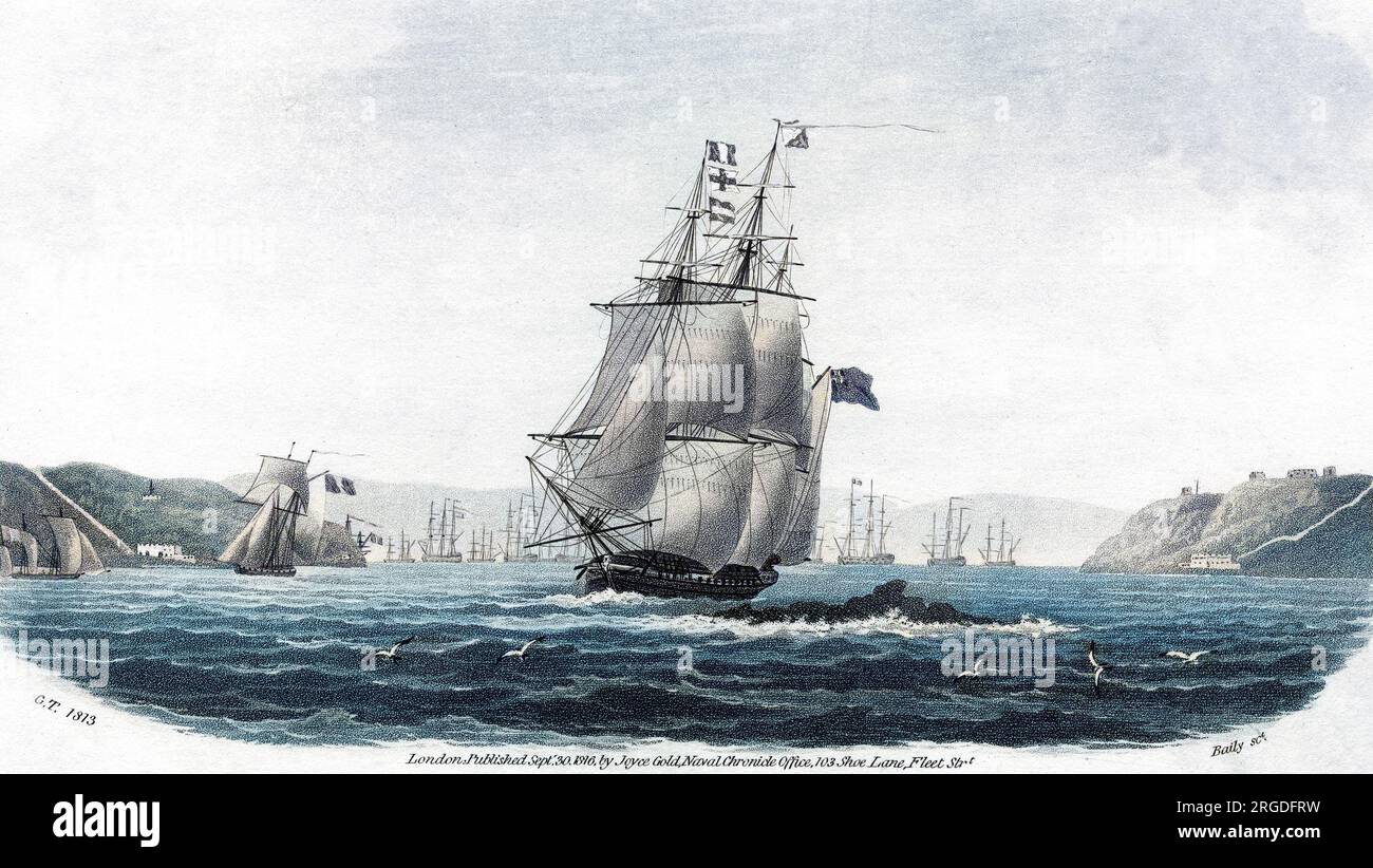 A warship in the entrance to the harbour passing the La Barquette rock ...