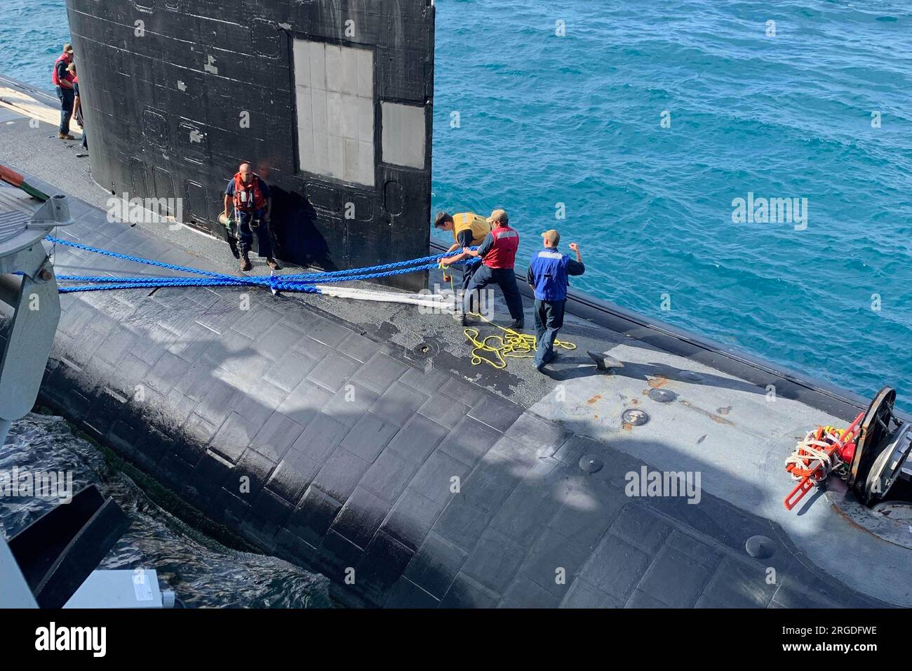 July 28, 2023 - Ocho Rios, Jamaica - Sailors moor the Los Angeles-class ...