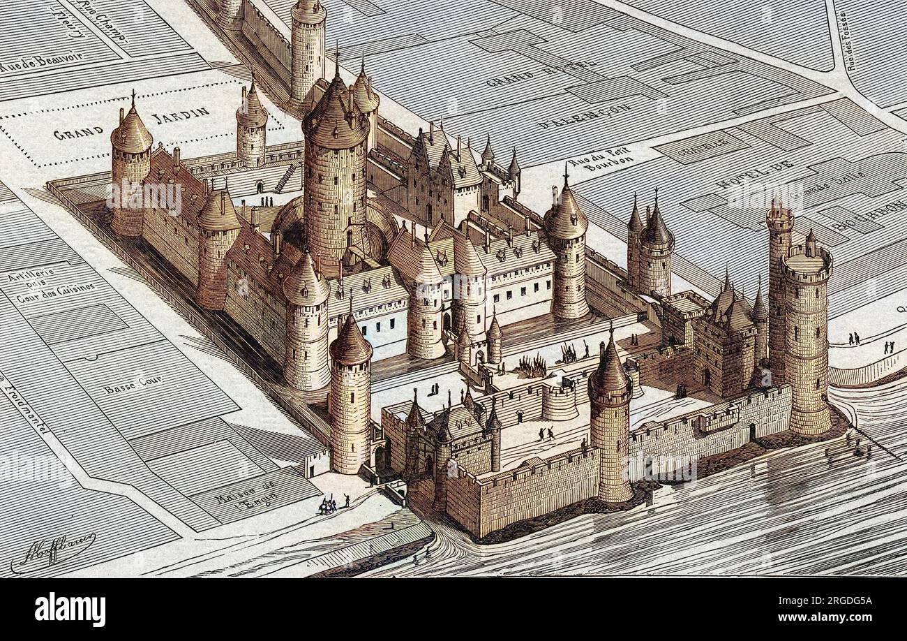Bird's-eye view of the chateau du Louvre during the reign of Philippe-Auguste Stock Photo - Alamy