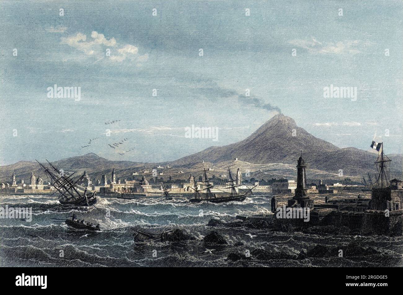 Distant view of the harbour from the sea - shipping apparently in ...