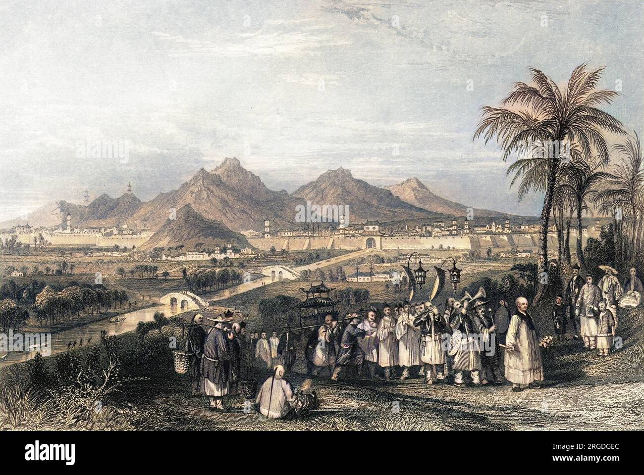 A high-ranking personage is carried in procession, accompanied by ...
