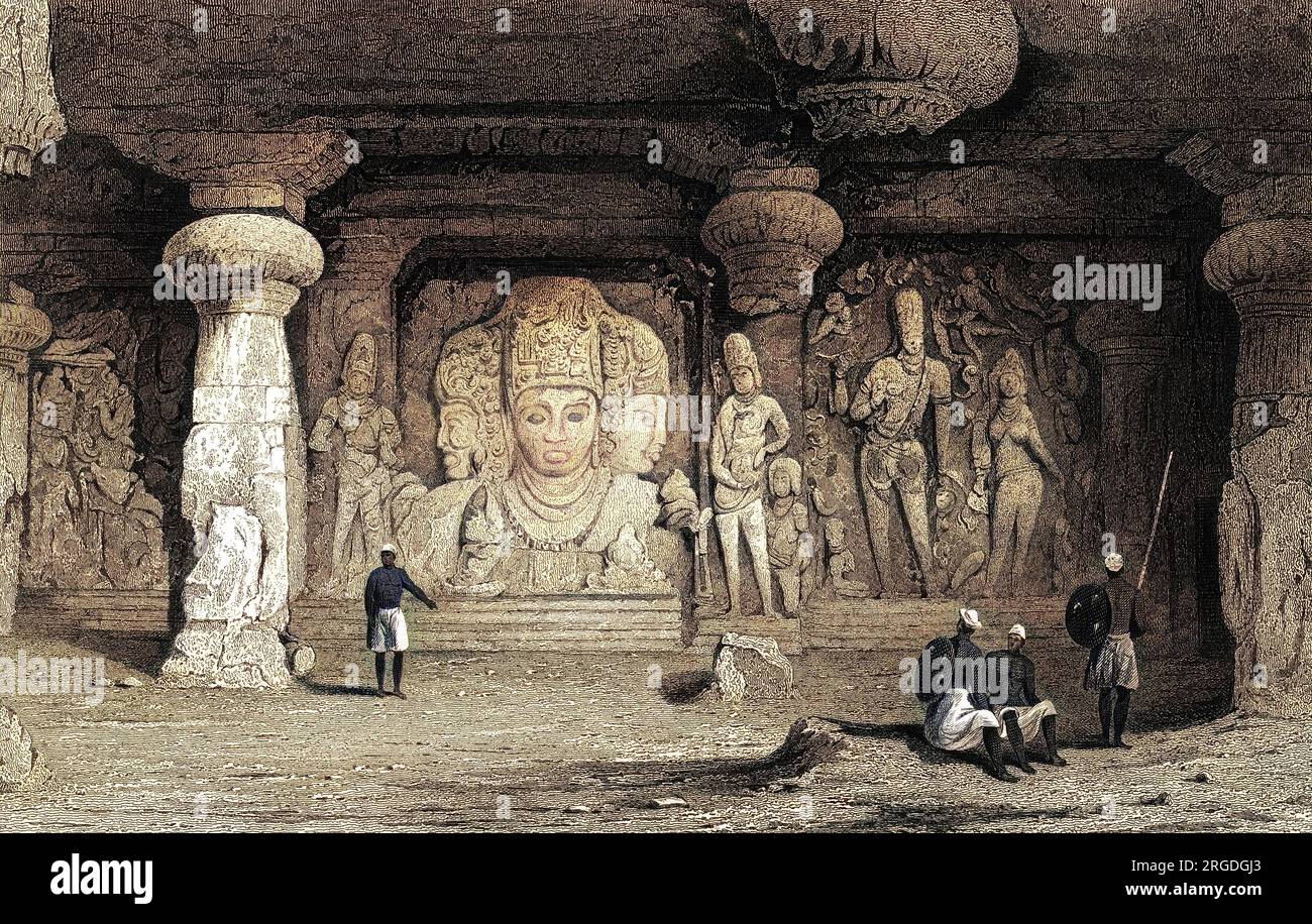 Carvings in the rock caves on Elephanta Island, near Mumbai.(aka ...