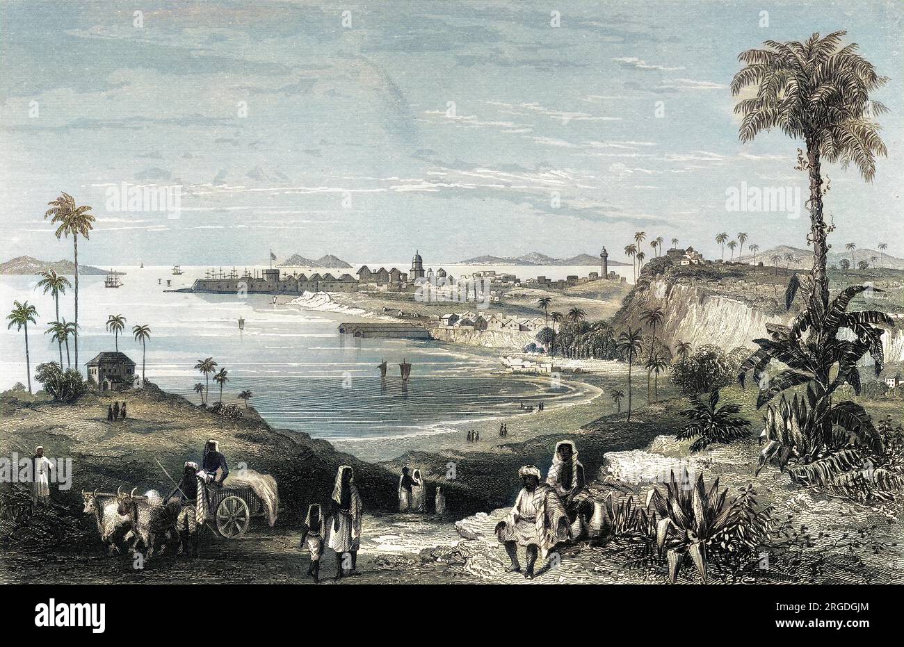 View of the harbour showing the British fort Stock Photo - Alamy