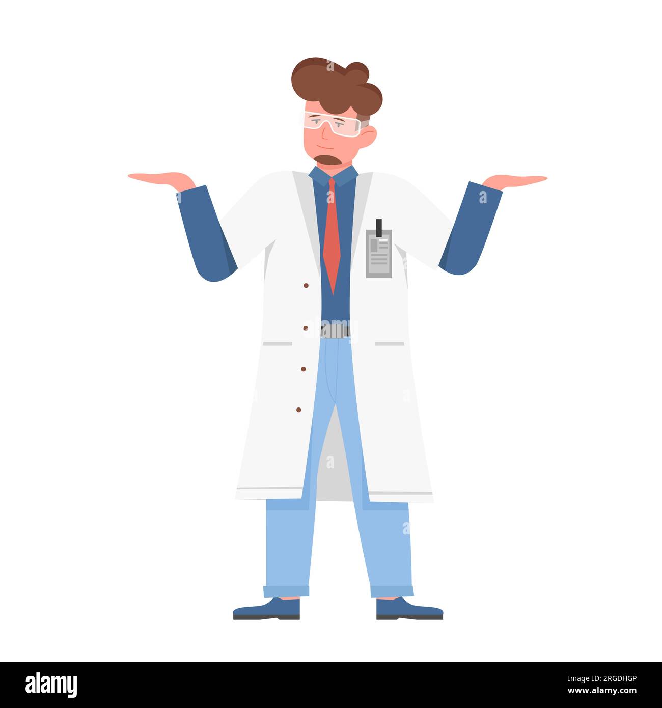Confused scientist man. Thinking science researcher with hands up ...