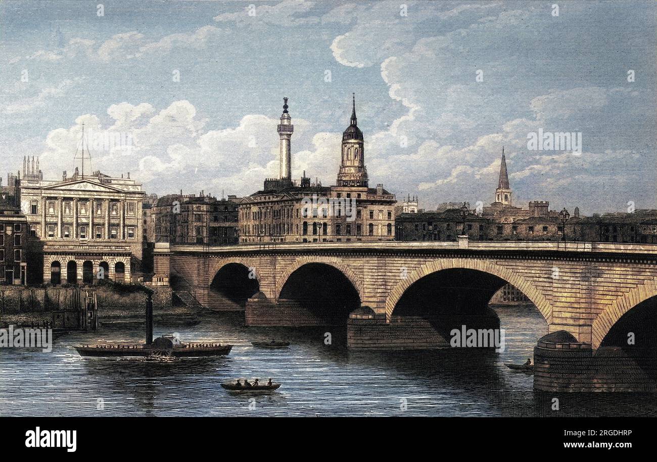 The third London Bridge, viewed from the South Bank : the Monument is ...
