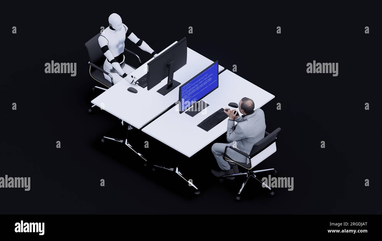 Smart Humanoid AI Cyborg machine sitting in front of PC and working man ...