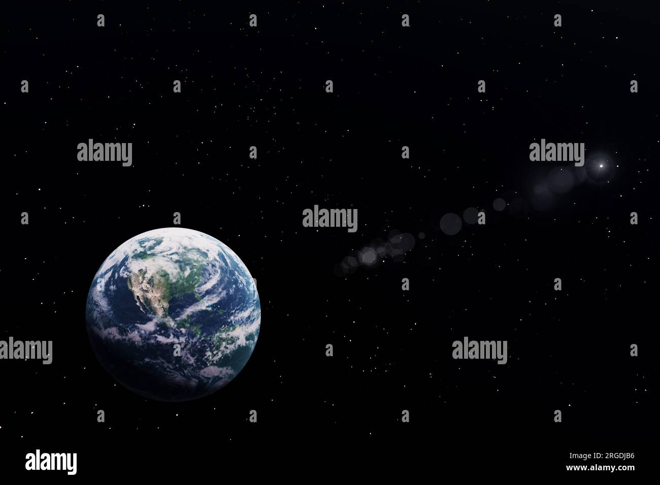 View of planet Earth in open black space and shining sun in the ...