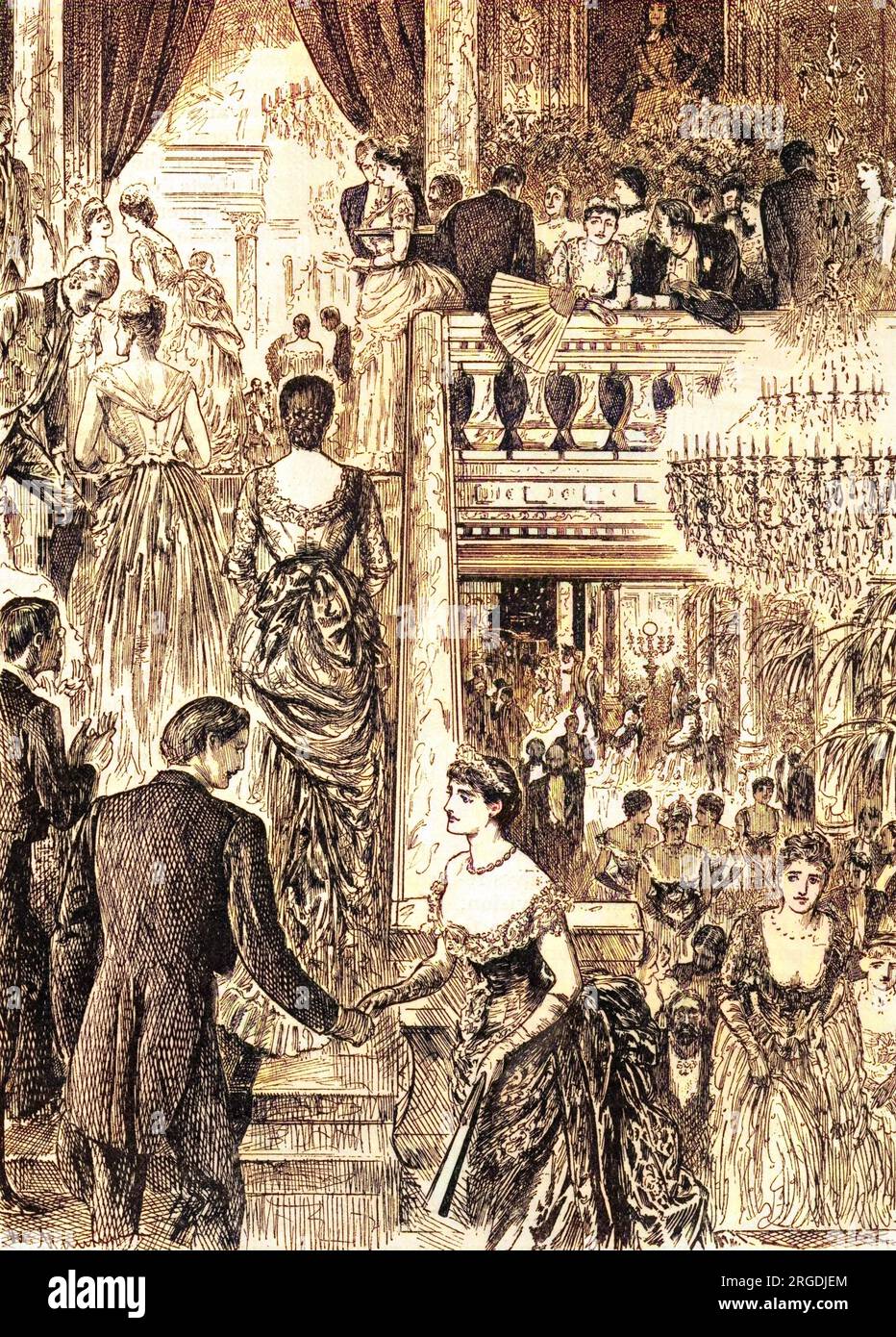 Hundreds of guests ascend the stately staircase of a large hall inside ...
