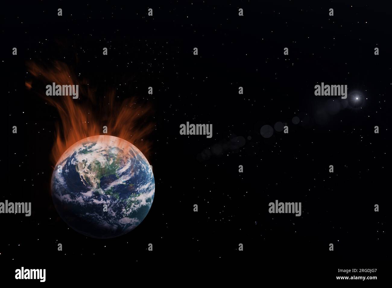 Burning planet Earth in flames in black space and shining sun in the ...