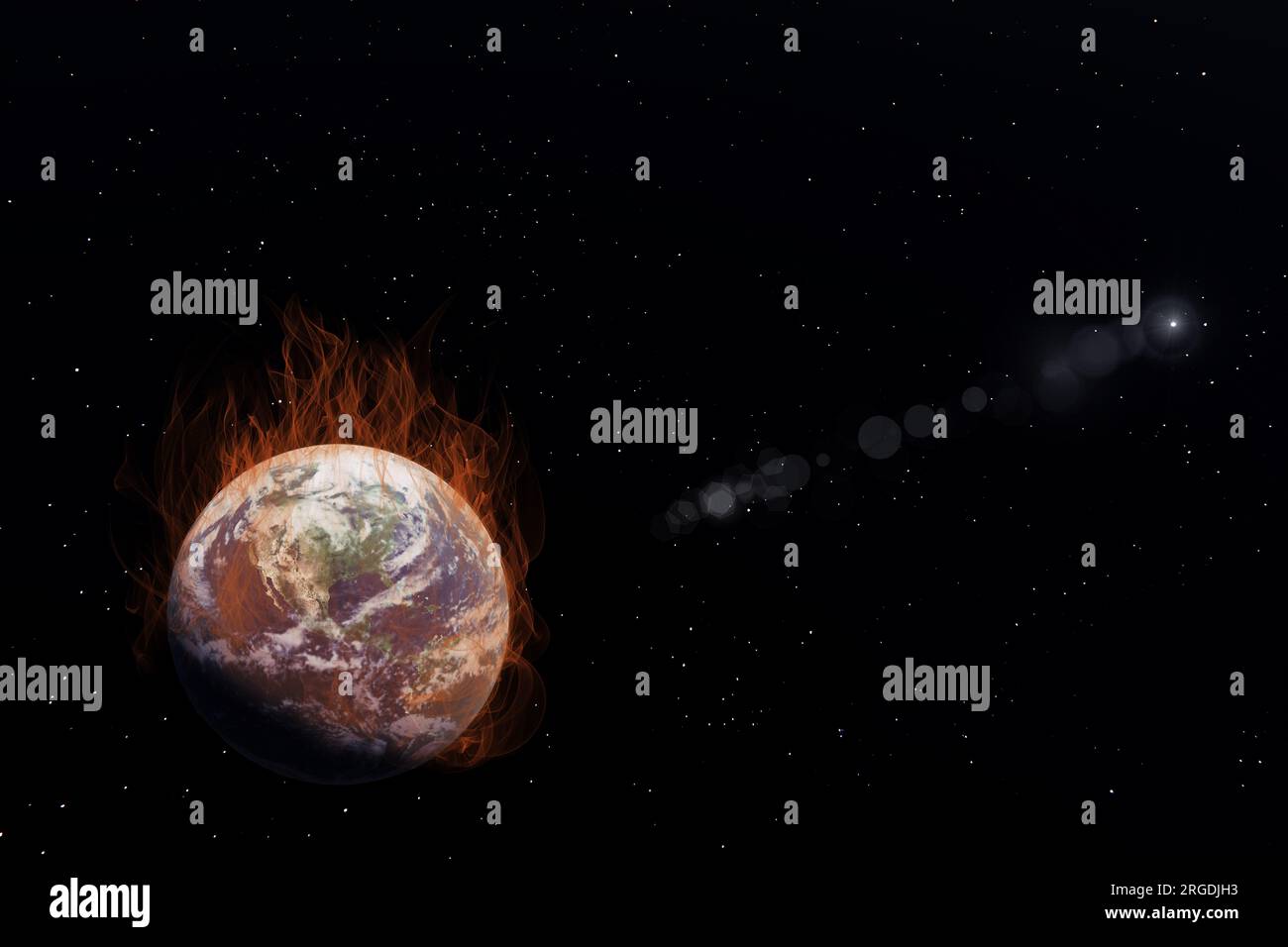 Burning planet Earth on fire in open black space and the sun shining in ...