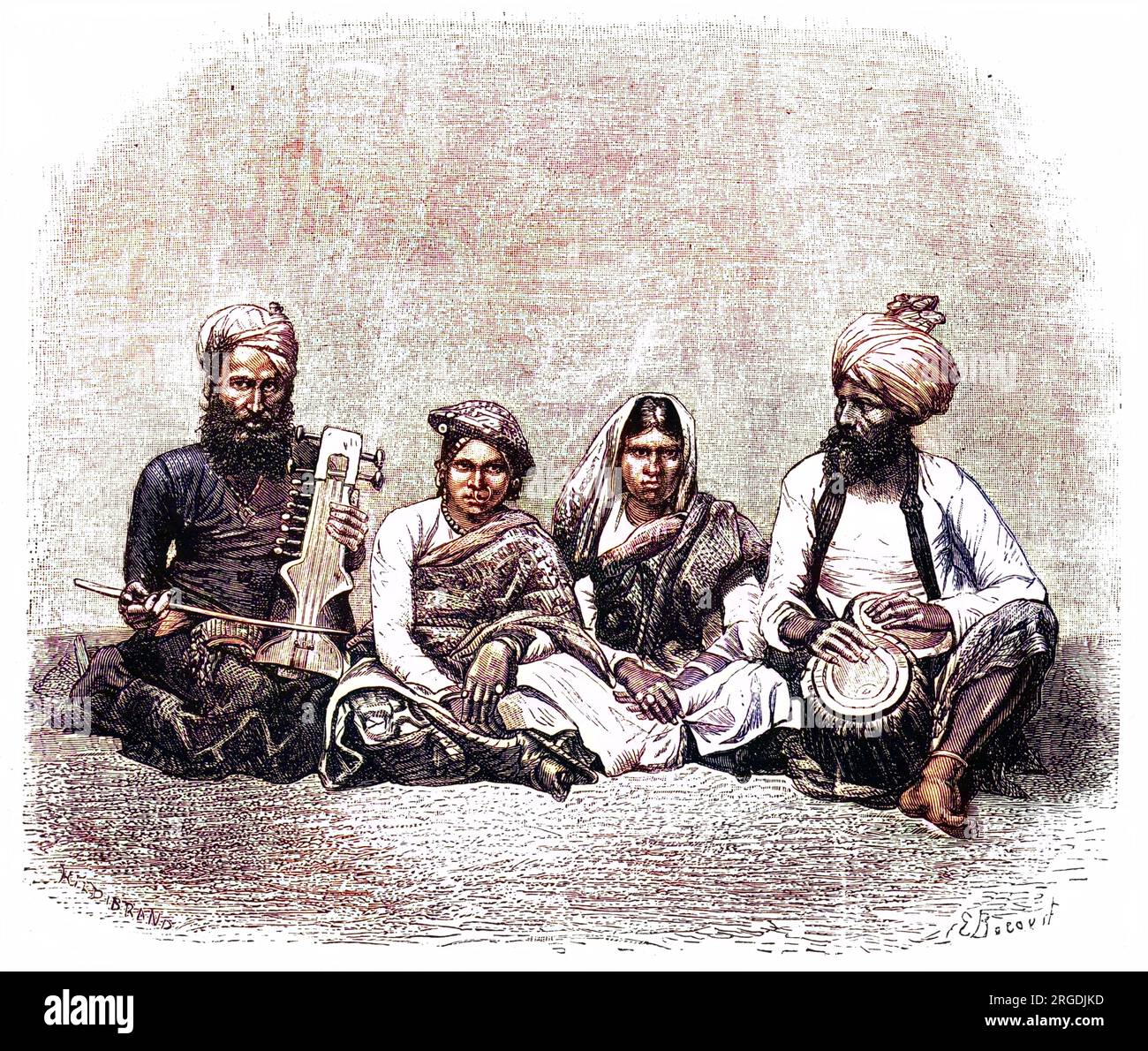A group of Indian musicians, with one man playing a rahab, another ...