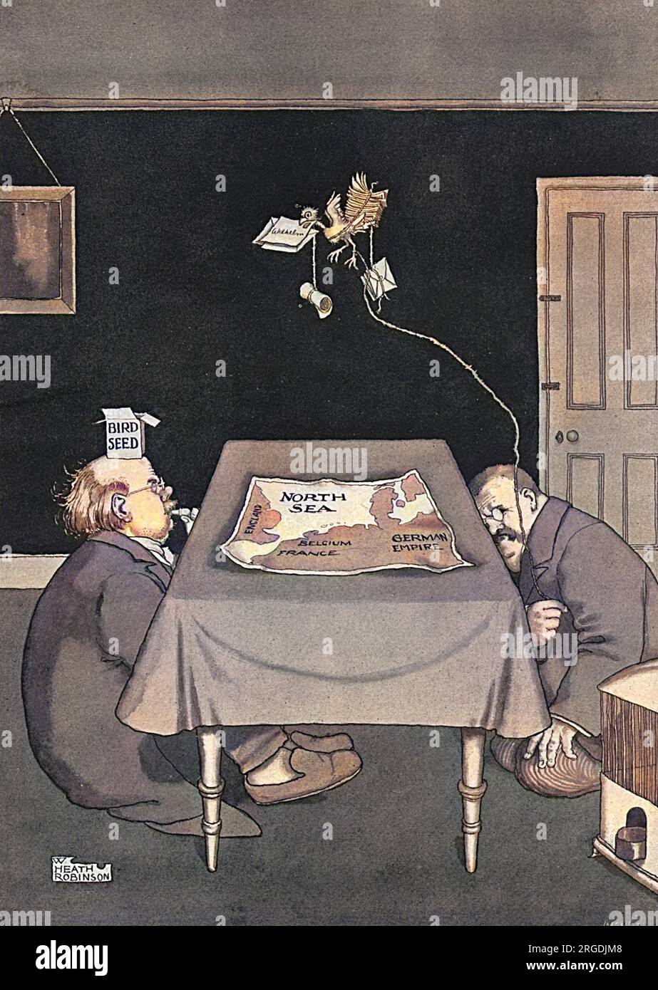 In this Heath Robinson cartoon, German spies train a scrawny carrier ...