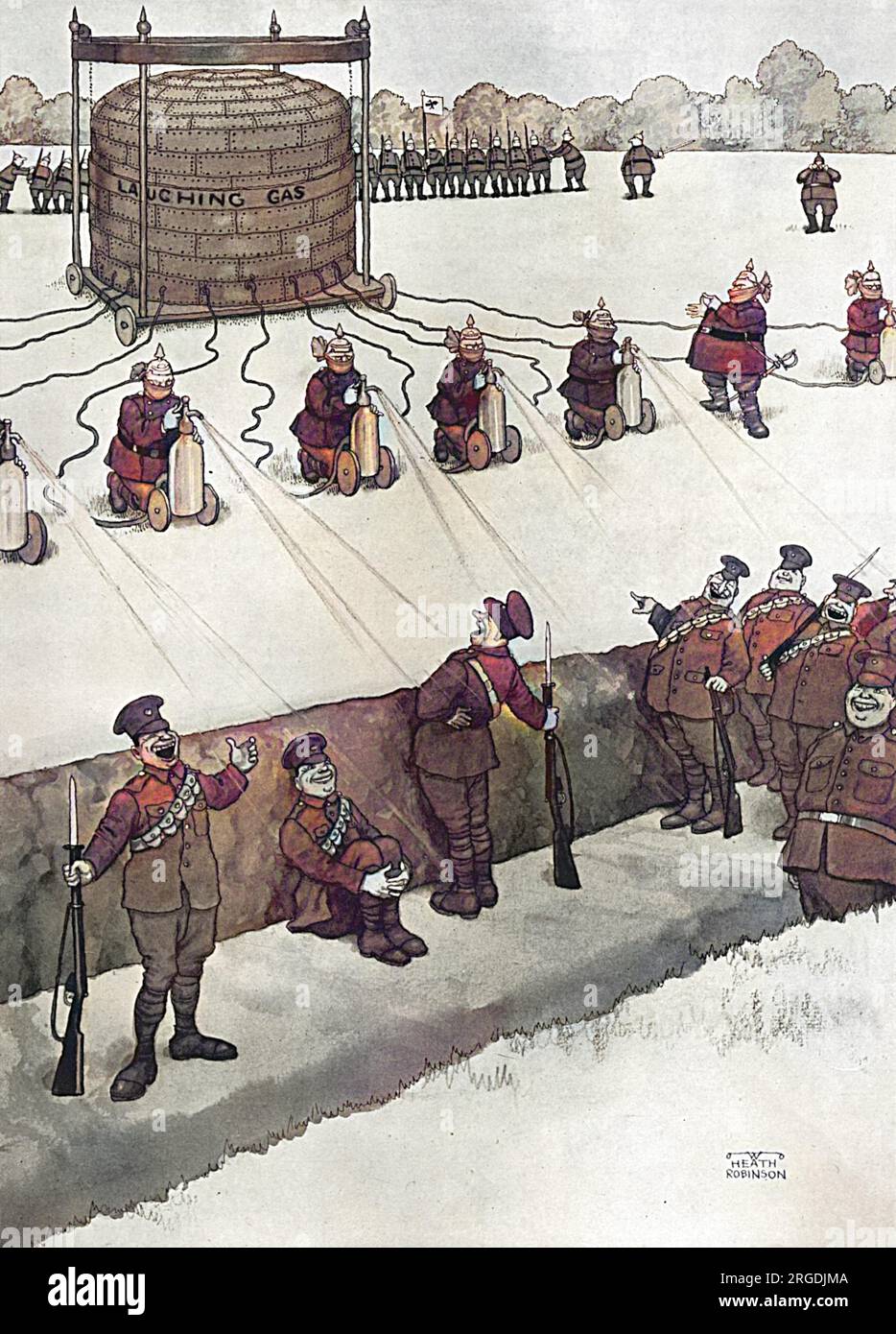 Heath Robinson depicts the organised spread of laughing gas into the ...