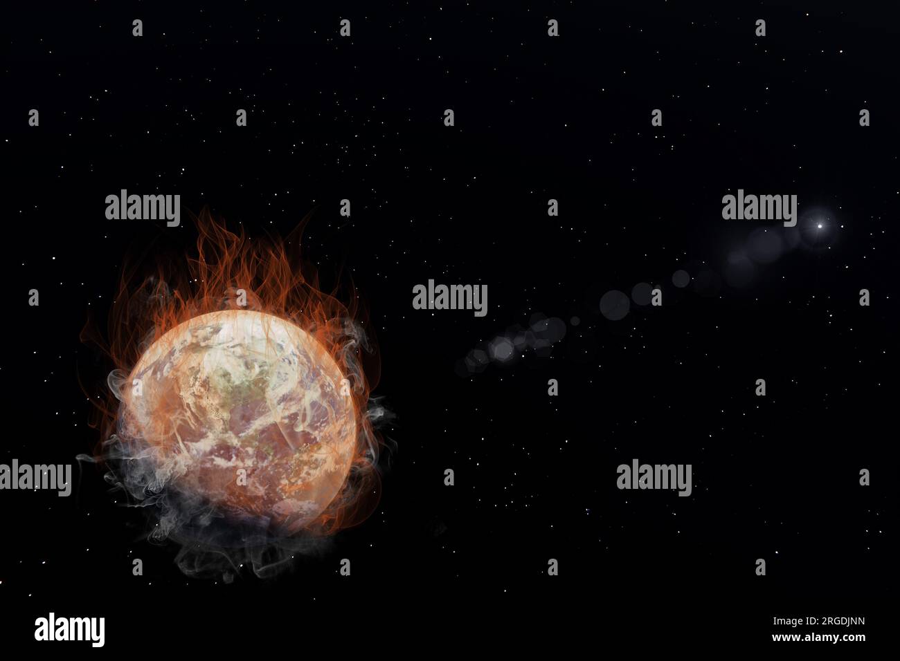 Planet Earth is on fire and smoke with a shining sun in the dark ...