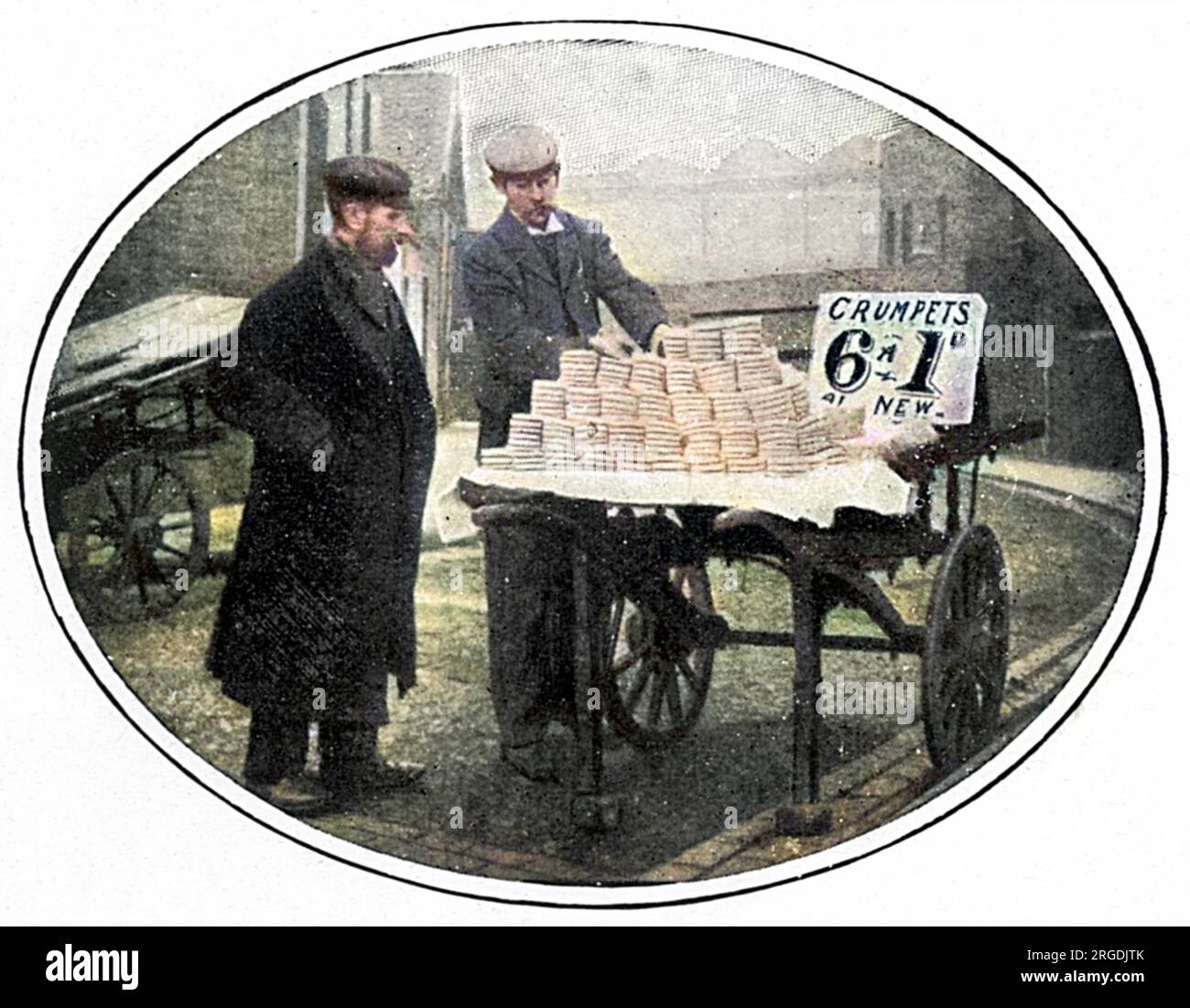 A man sells piles of crumpets from a cart in London. A potential ...
