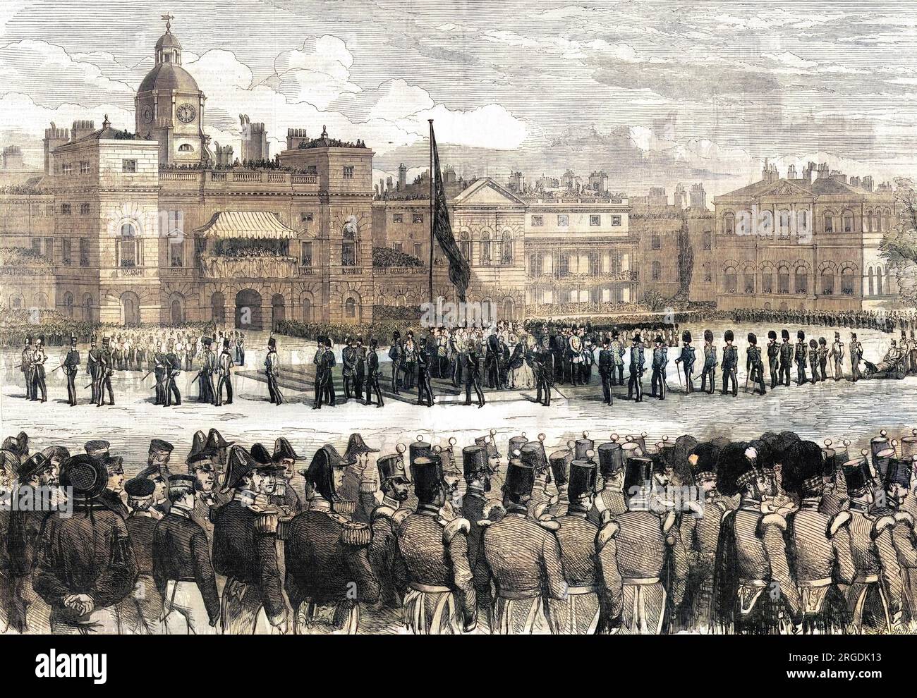 Double page engraving showing the parade ground at the Horse Guards ...
