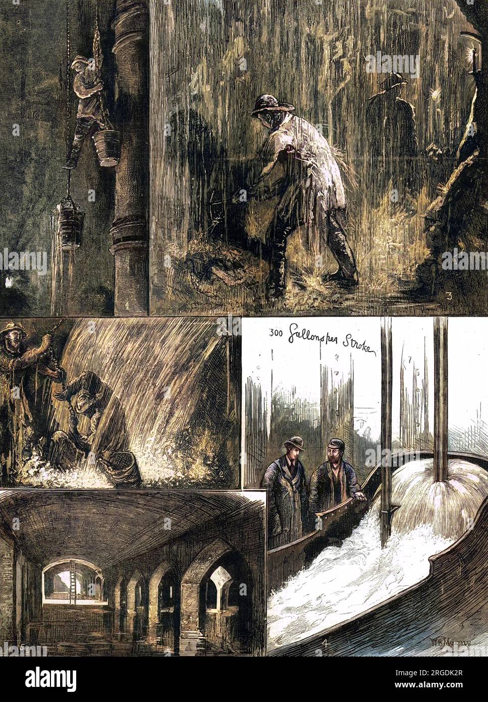 Series of scenes at the Kent Waterworks, near London. The images show ...