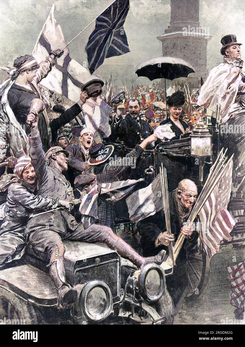 King George V and Queen Mary ride in a carriage through Trafalgar ...