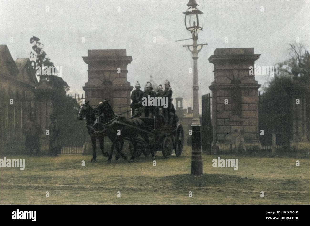 A fire engine leaving the main gates of the Middlesex Pauper Lunatic ...