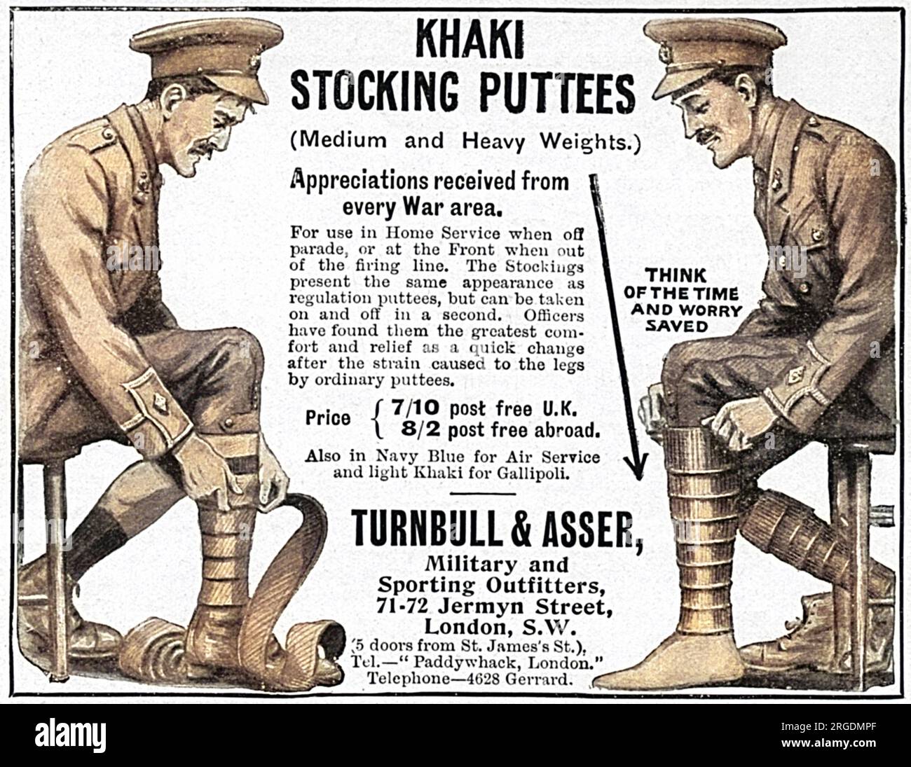 Advertisement for khaki stocking puttees in medium and heavy weights ...