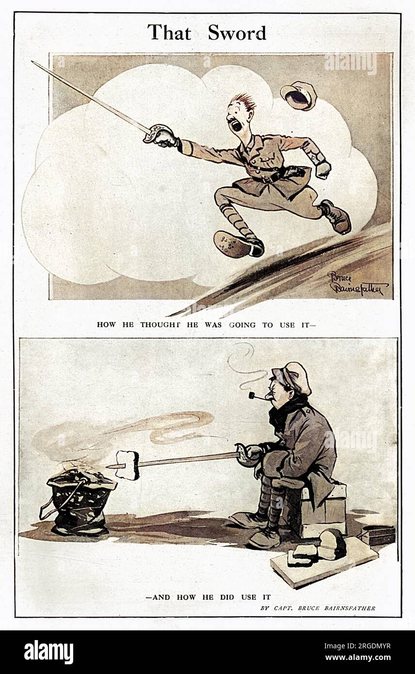 A cartoon by Bruce Bairnsfather in which the imagined and actual usages ...