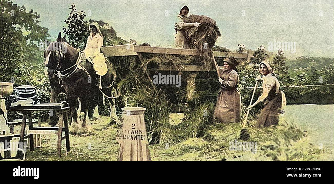 A dairying and haymaking scene, somewhat incongruously in the back ...