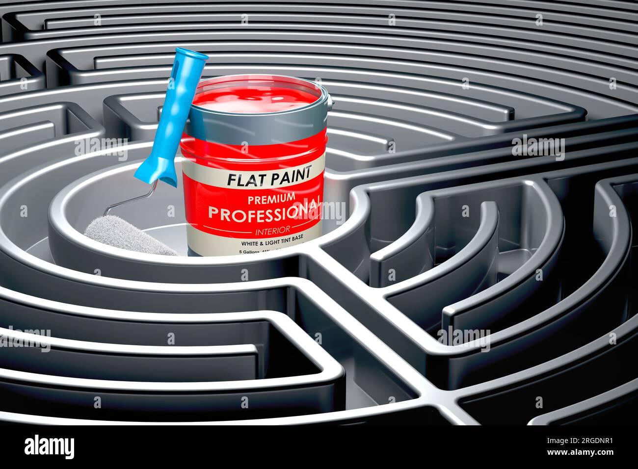 Paint can and roller brush inside dark labyrinth maze. 3D rendering ...