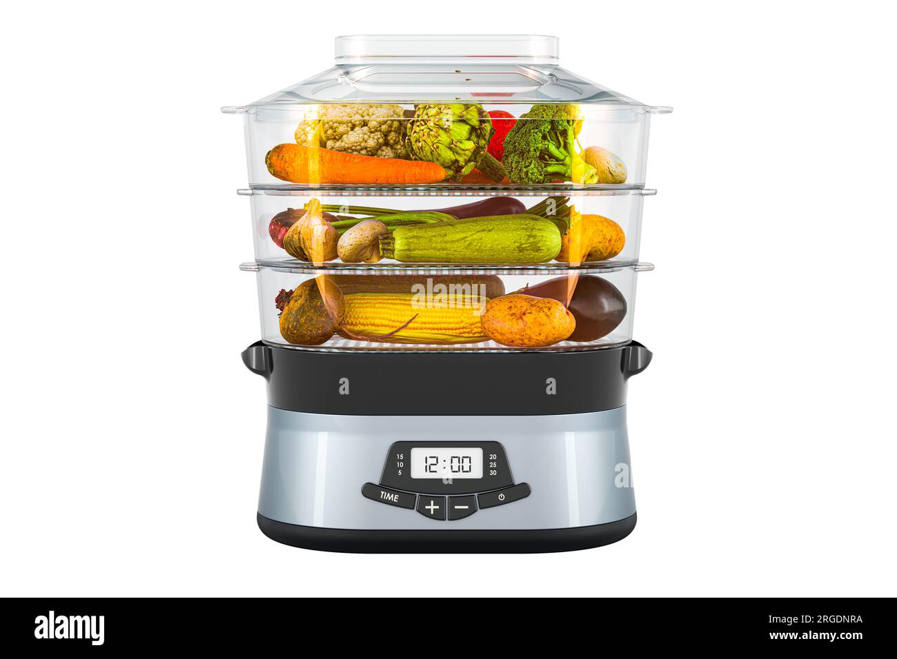 Steam cooker with vegetables inside. 3D rendering isolated on white ...