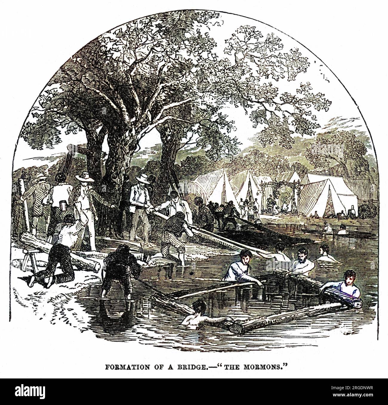 Mormons construct a bridge. Tents can be seen in the background, with ...