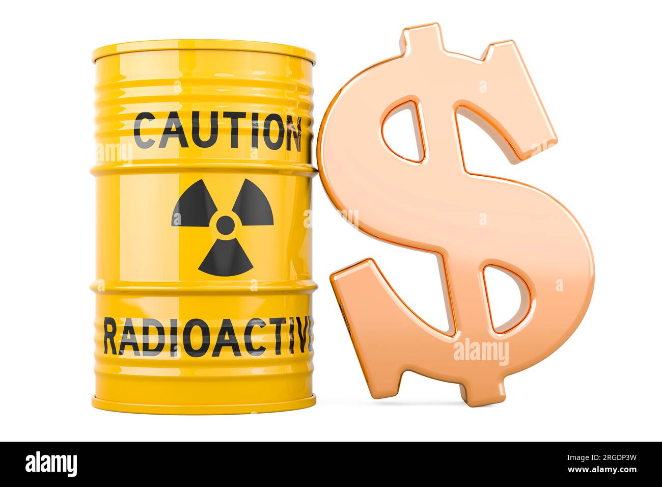 Uranium ore concentrates in drums with dollar symbol, 3D rendering ...
